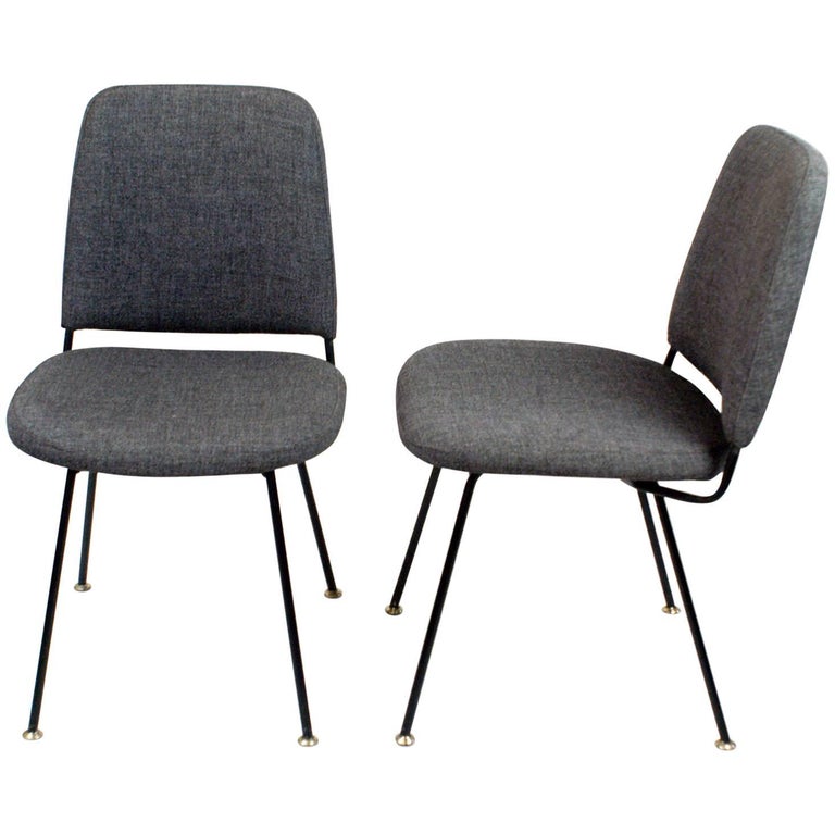 Pair of Two Italian Midcentury Black Metal and Grey Wool Chairs by ...
