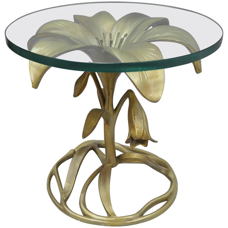 Arthur Court Lily Leaf Gold Flower Side End Table Round Glass Top Cast ...