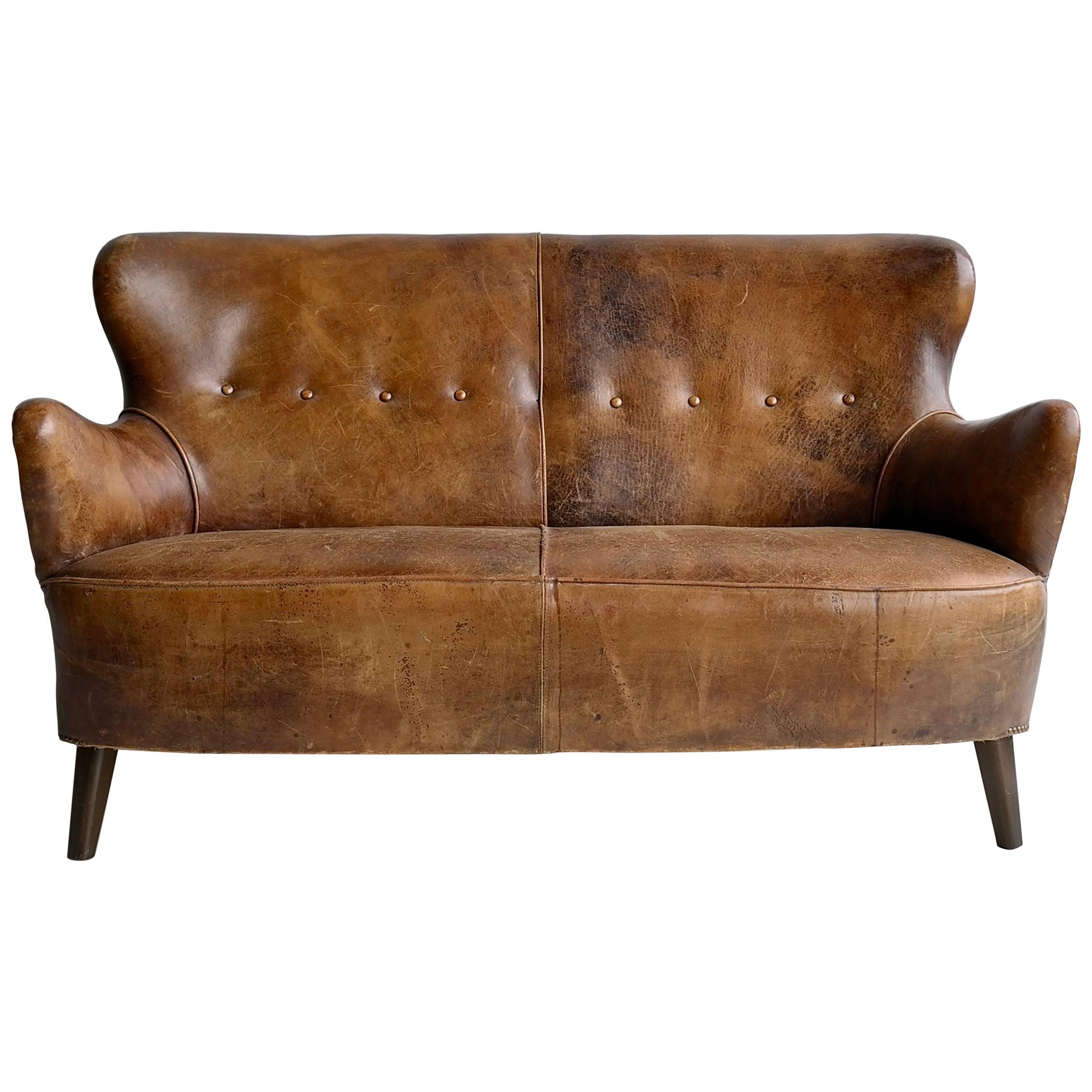 Cognac Leather Danish Sofa with a Rich Patina at 1stDibs