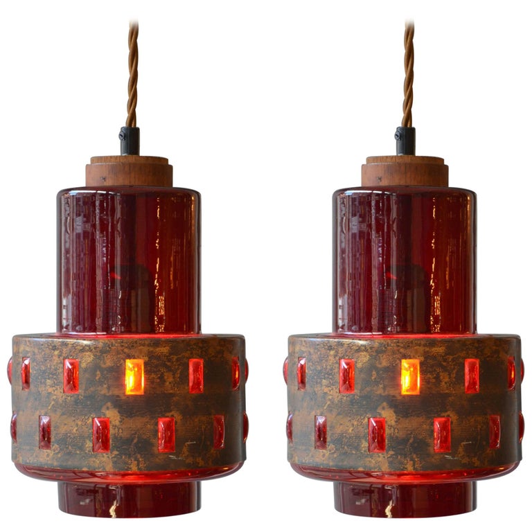 1960s Pair of Copper and Red Colored Glass Nanda Still Pendants For ...