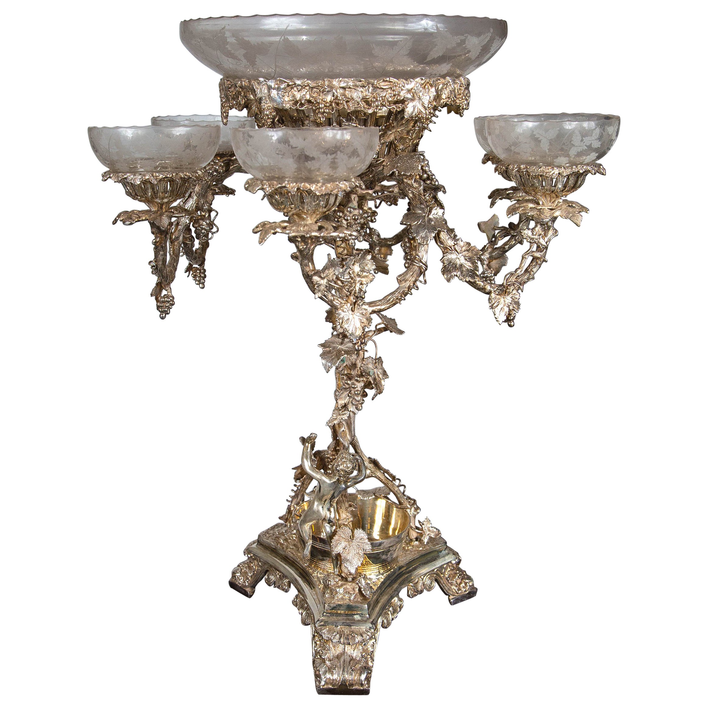 Old Sheffield-Plated Hand-Blown Green Fluted Glass Epergne at 1stDibs