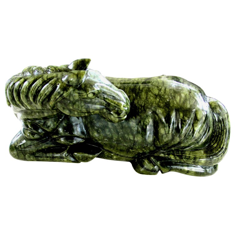 Jade Horse Chinese Decor Table Green Carved Real 1920s Animal Sculpture ...