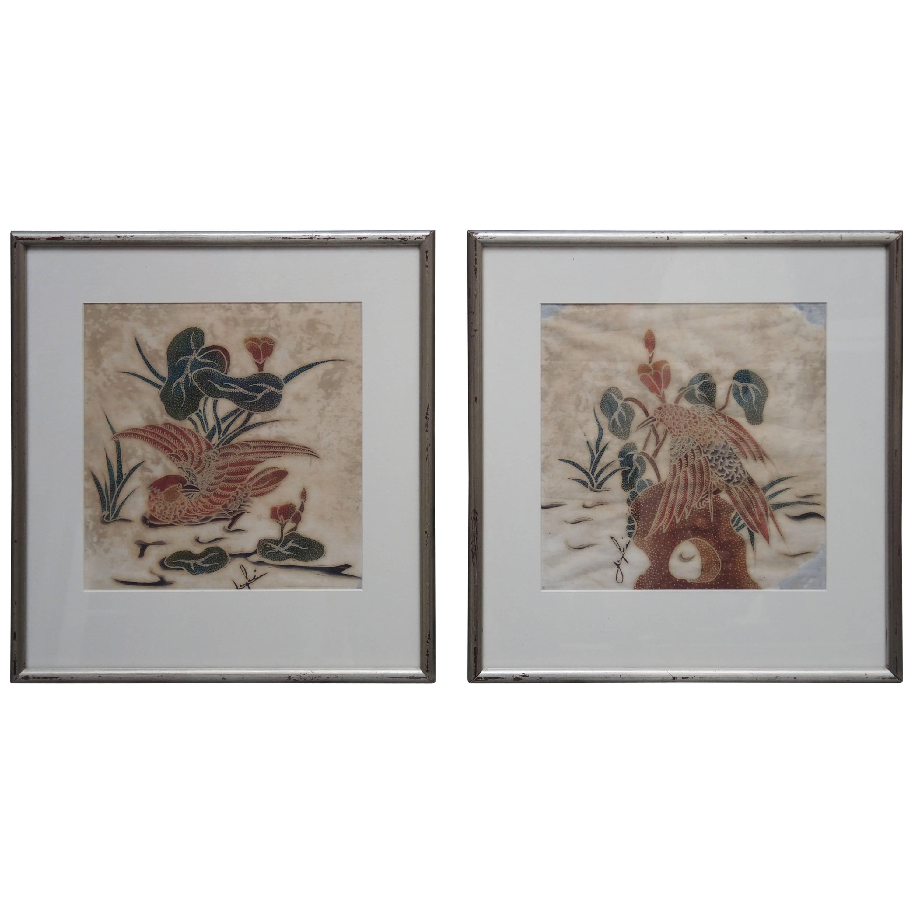 Pair of Framed Batik Drawings on Cotton of Birds For Sale at 1stDibs