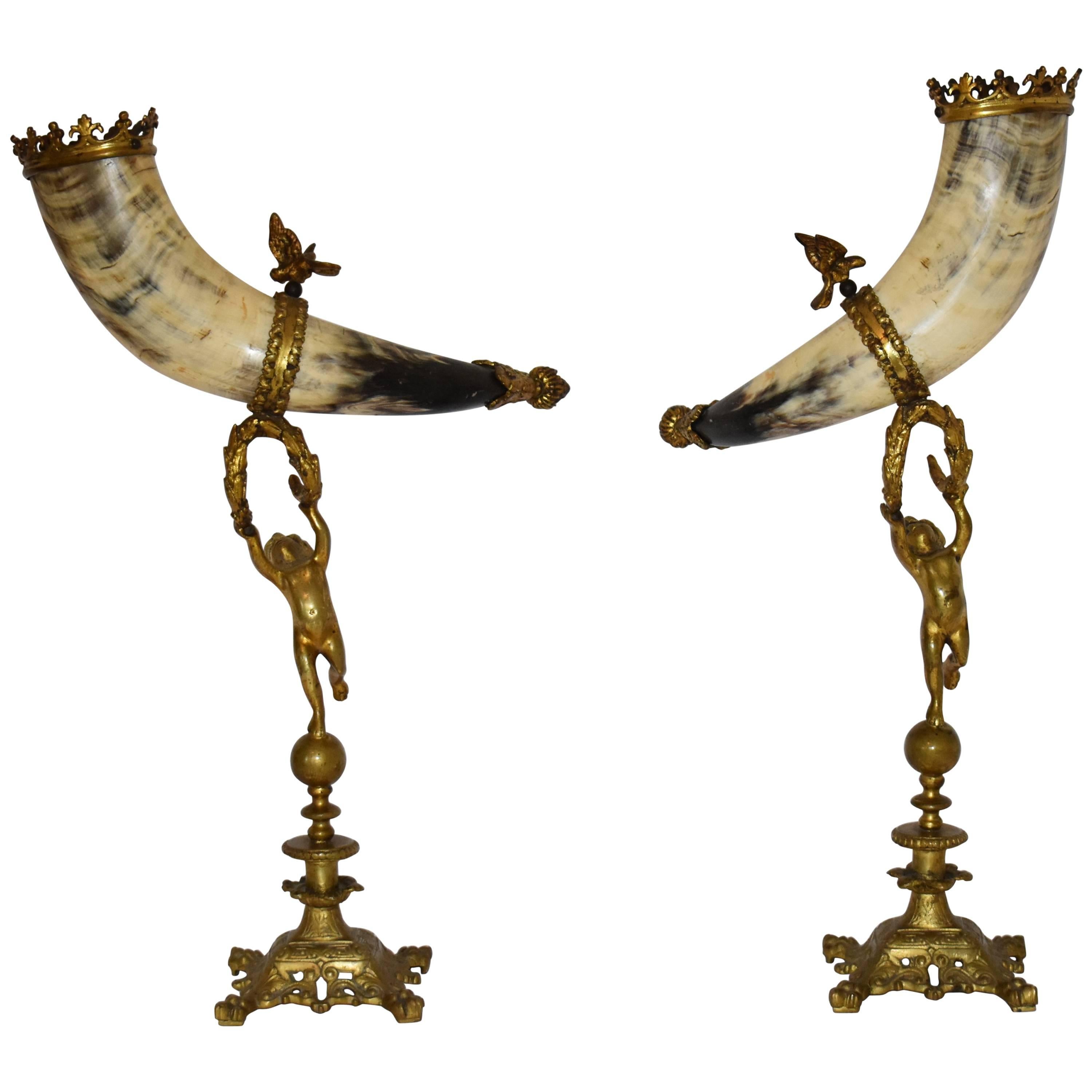 Antique Cornucopia Buffalo Horns Mounted with Gilt Bronze Putti For ...