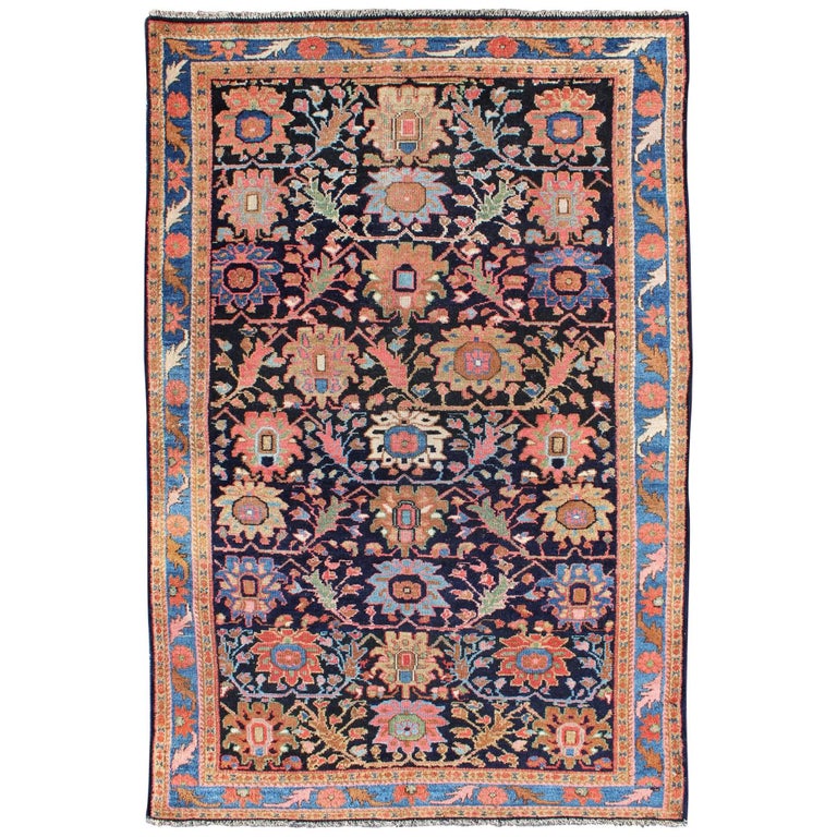 Antique Persian Malayer Rug with Large Floral Motifs in Navy and Multi ...