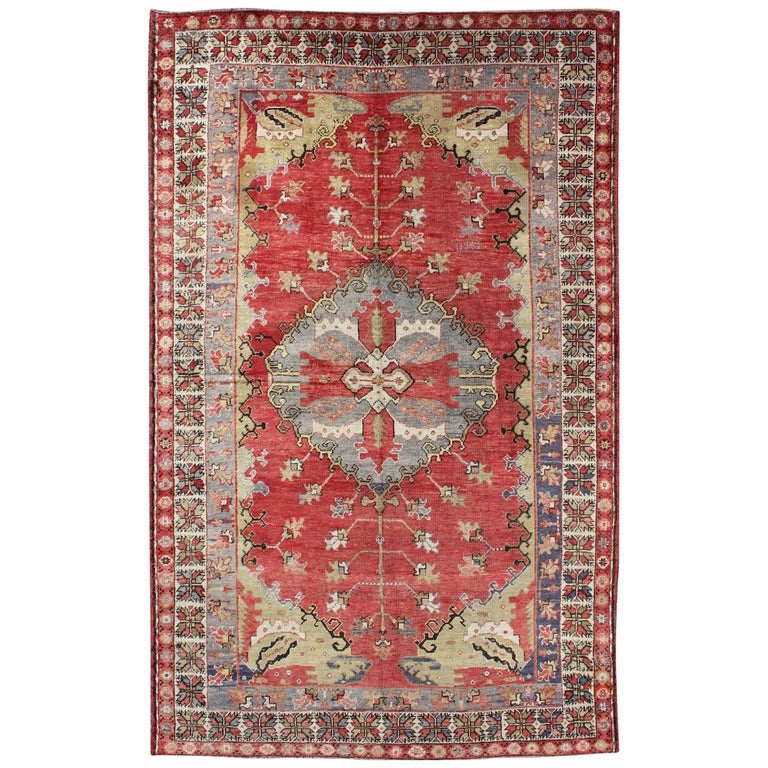 Red and Gray Toned Vintage Turkish Oushak Rug with Tribal Medallion ...