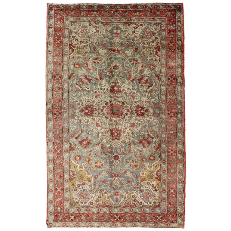 Floral Medallion Antique Turkey Sivas Rug in Light Blue, Red, Ivory ...