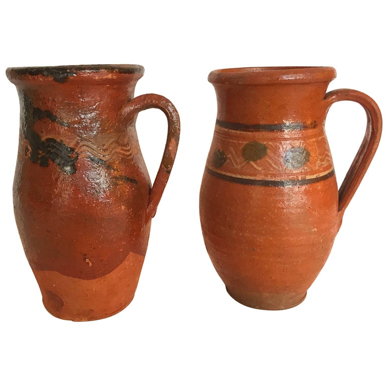 Vintage Transylvania Redware Pottery Pitchers, Romania, Hand-Painted ...