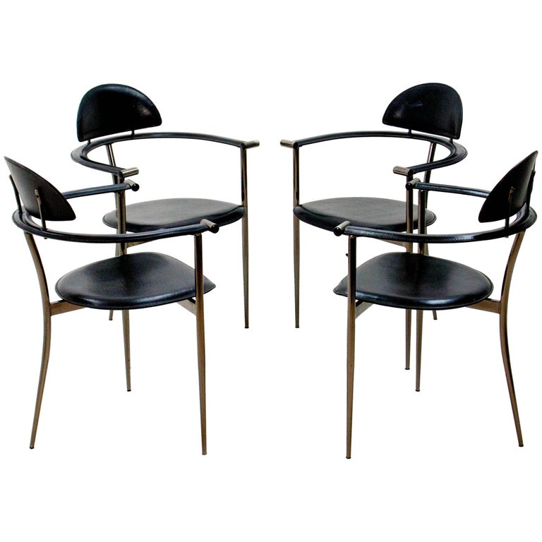 Four Arrben Stiletto Chairs in Black Leather and Chrome at 1stDibs