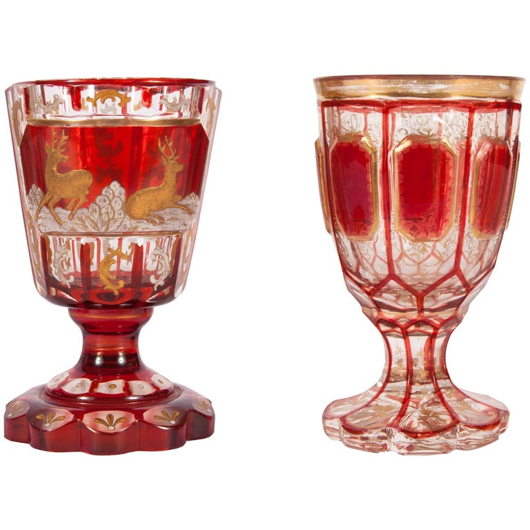 Pair Of Parcel Gilt Antique Bohemian Glass Goblets At 1stdibs