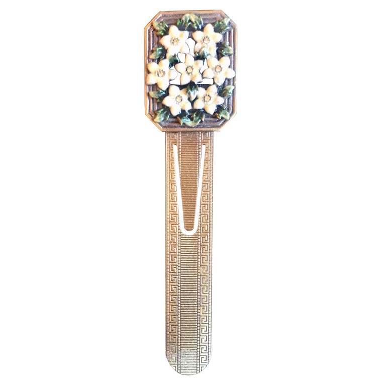 French Enamel and Brass Bookmark with Semi Precious Stones and Floral ...