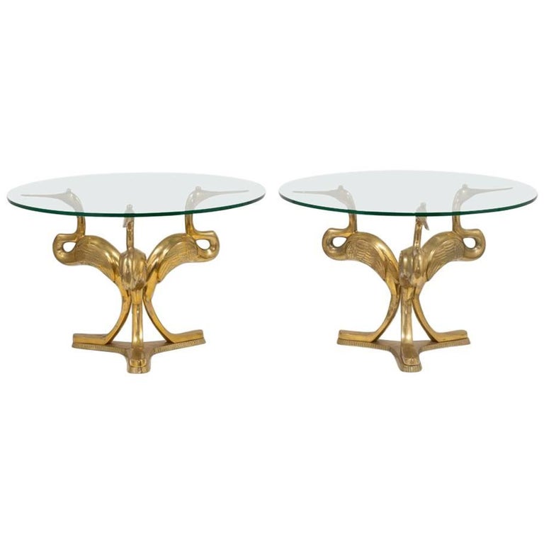 Pair of Chervet Style Brass Crane Side Tables, 1970s at 1stDibs