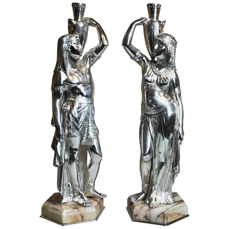 Pair of Antique Silvered Bronze Egyptian Figures on Marble Bases For ...