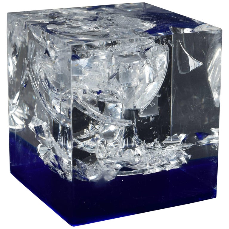 Lucite Cube with Exploded Shattered Wine Glass For Sale at 1stDibs