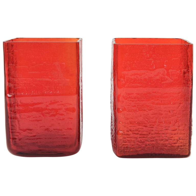 Pair of Danish Holmegaard Red Square Art Glass Vases For Sale at 1stDibs