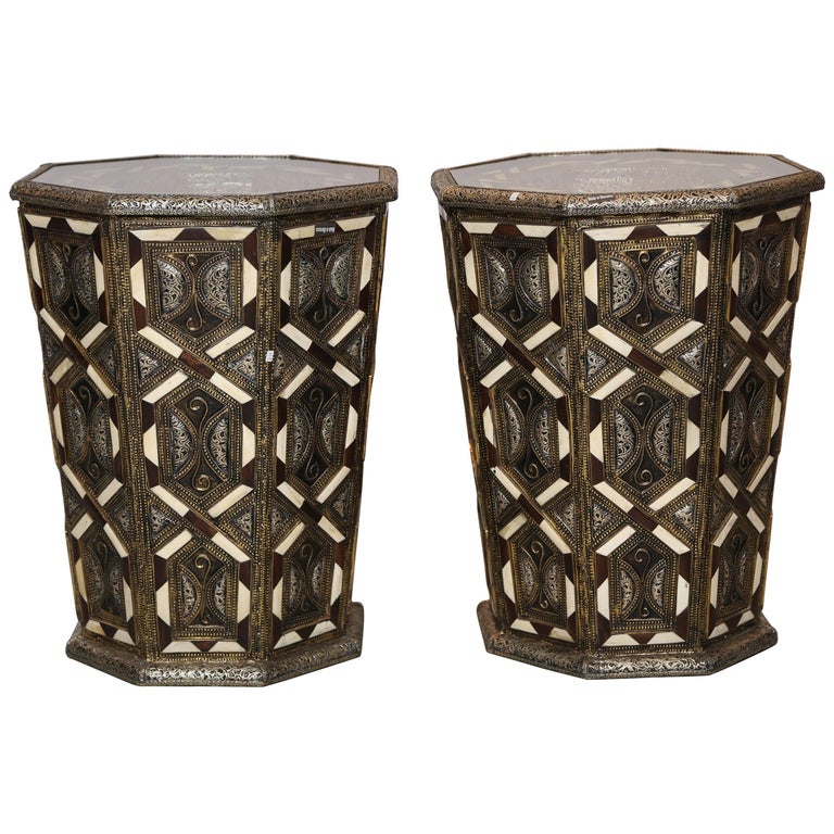 Moroccan Side Tables, Handcrafted in Morocco,metal and Faux Bone Inlay For Sale at 1stDibs