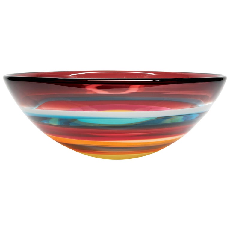 Cranberry Banded Multi-Color Glass Bowl by California Designer Caleb ...