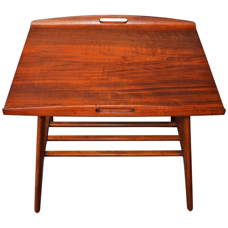 MCM Walnut Side Table Flared Edges with Handles, Splayed Legs, Slat ...