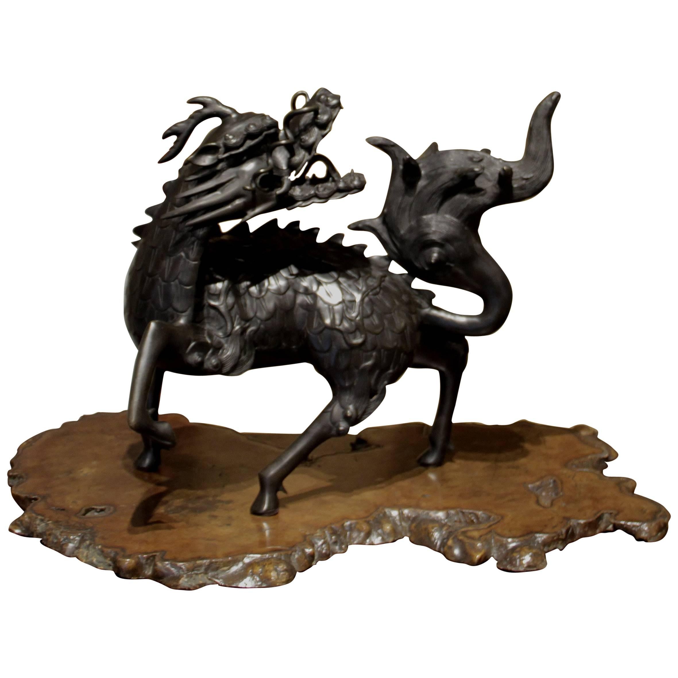 Figure of Large Standing Kirin Incensor Japan Meiji Bronze Animal ...