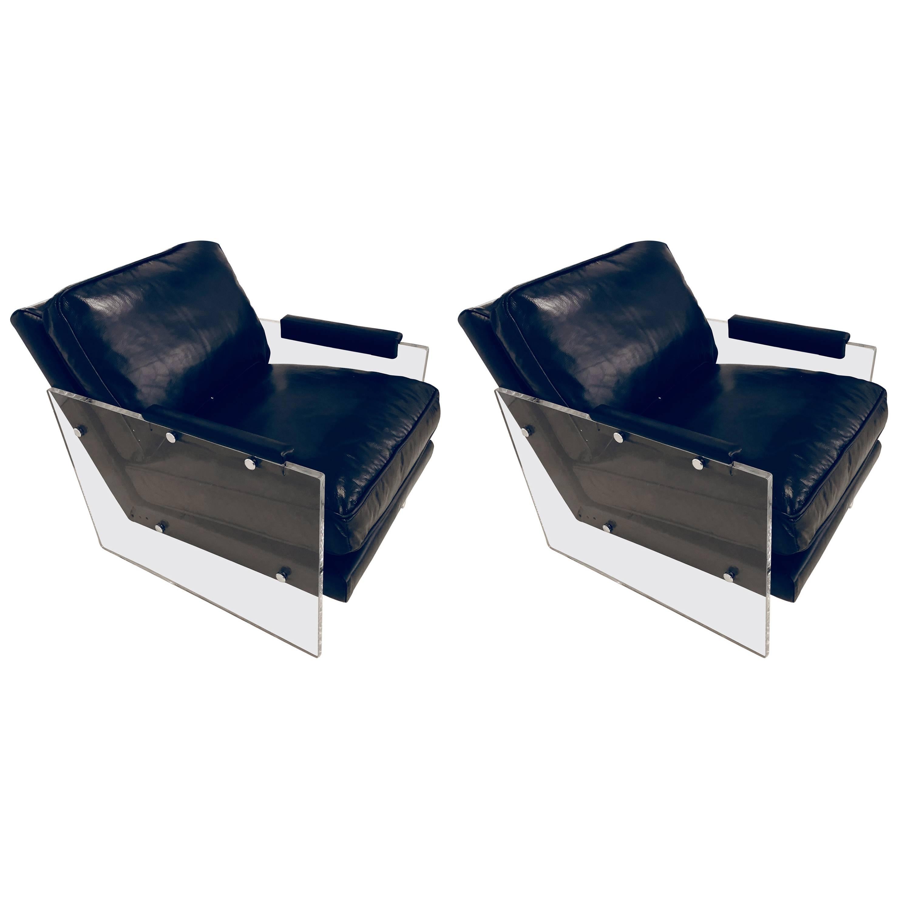 Pair of Hollywood Regency Style Lucite Based Floating Black Arm Leather ...