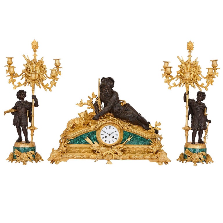 Hunting themed malachite and bronze antique clock set at 1stDibs
