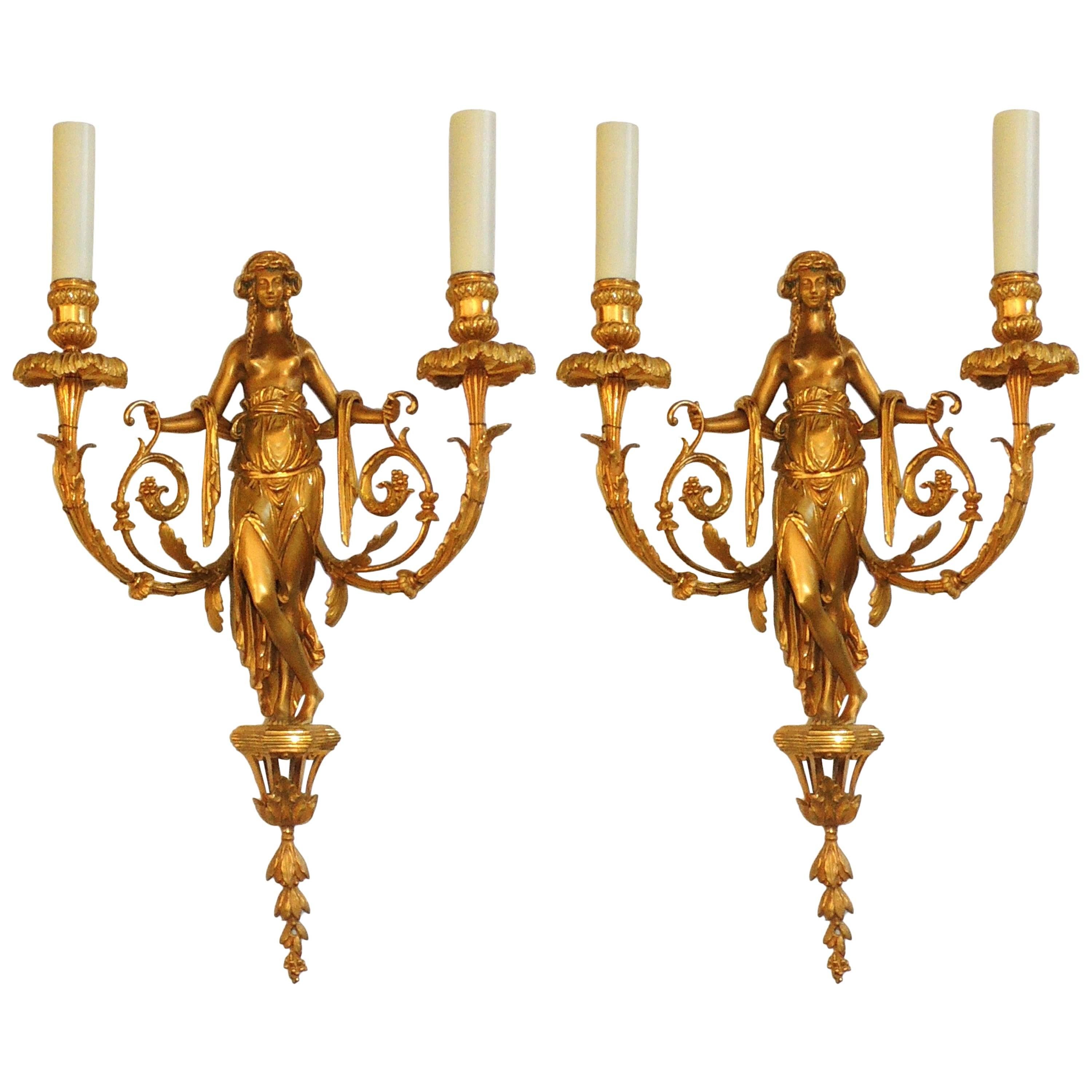 Wonderful Pair of French Doré Bronze Female Maiden Floral Garlands Swag ...