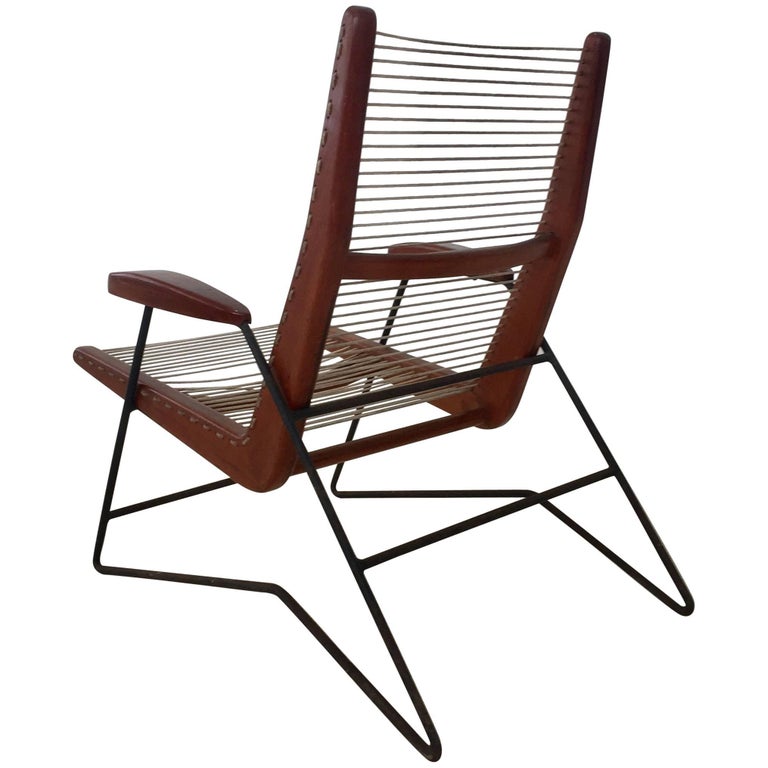 Mid-Century Modern Armchair with Iron Structure and Wood and String ...