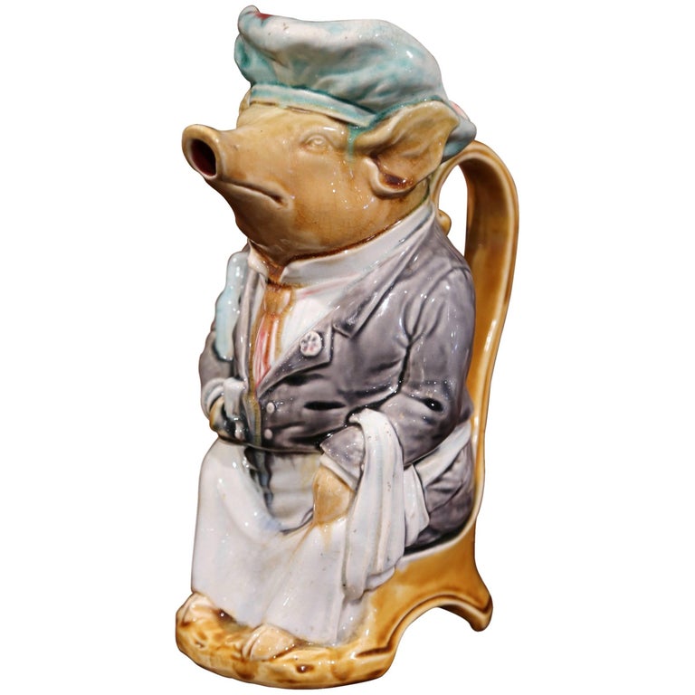 19th Century French Hand-Painted Ceramic Barbotine Pig Pitcher by ...