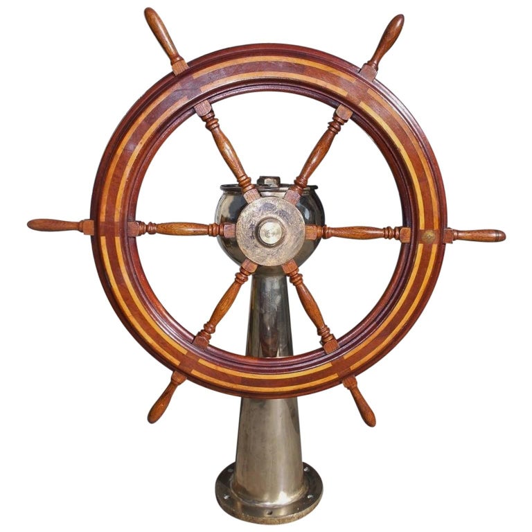 American Mahogany Nautical Ship Wheel Mounted on Brass Geared Pedestal ...