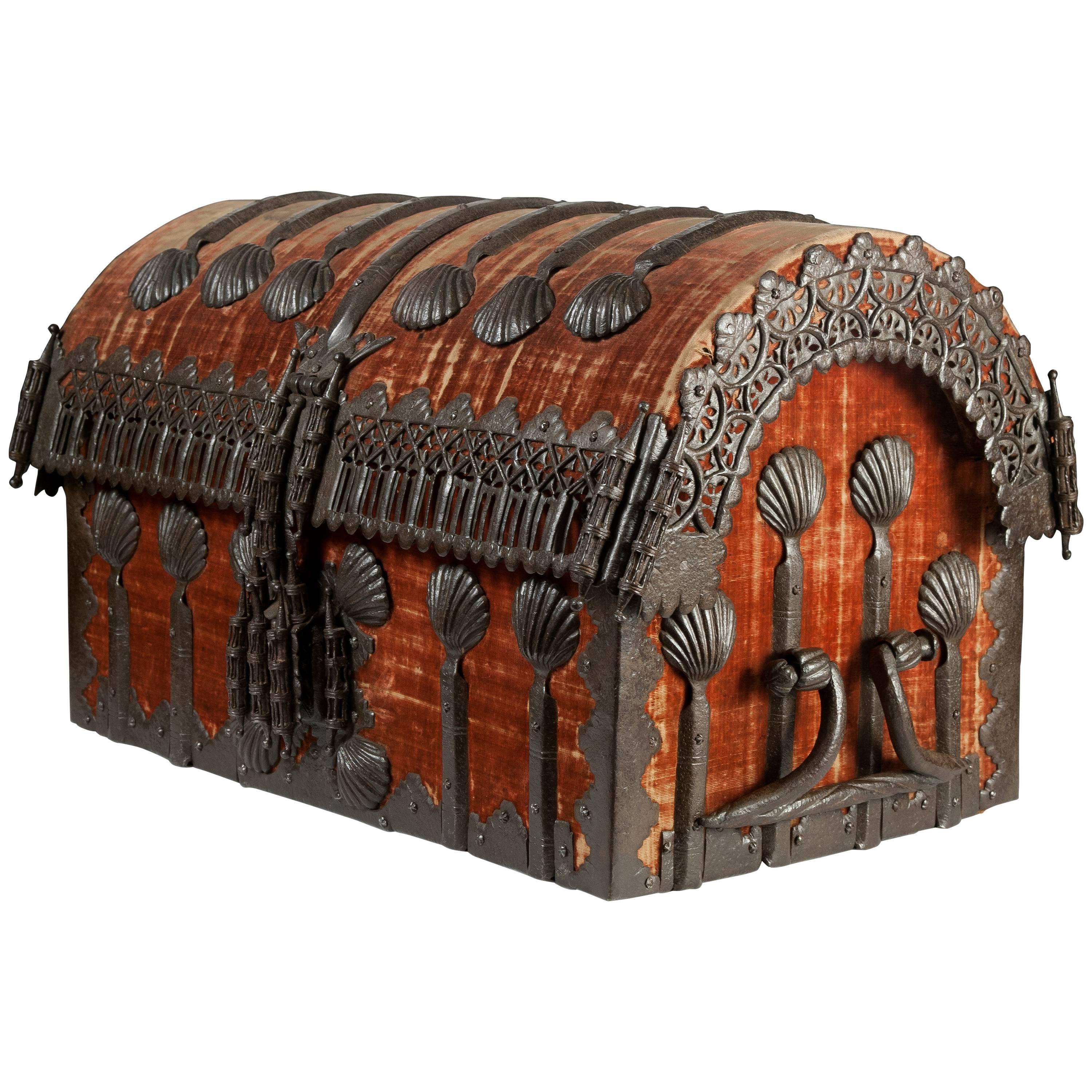 Gothic Chest, Wood, Velvet and Wrought Iron, Spain, 15th Century at 1stDibs