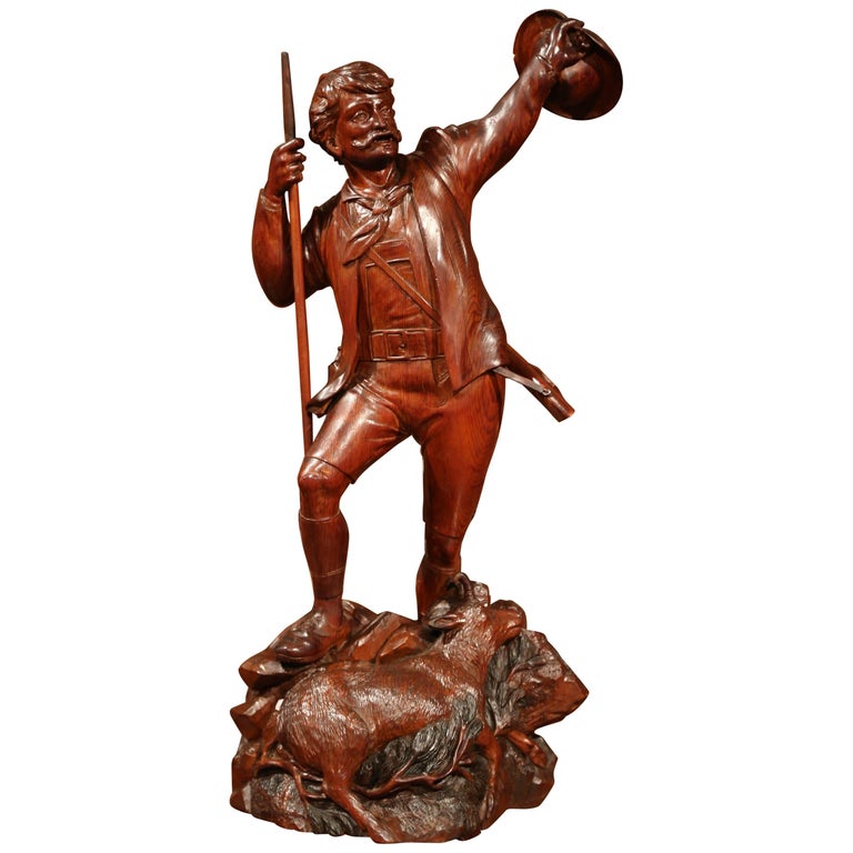 19th Century German Black Forest Carved Walnut Hunter Sculpture with ...