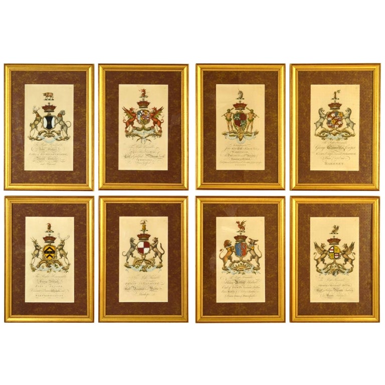 Set of Eight Hand Colored Armorial Engravings, circa 1764 at 1stDibs