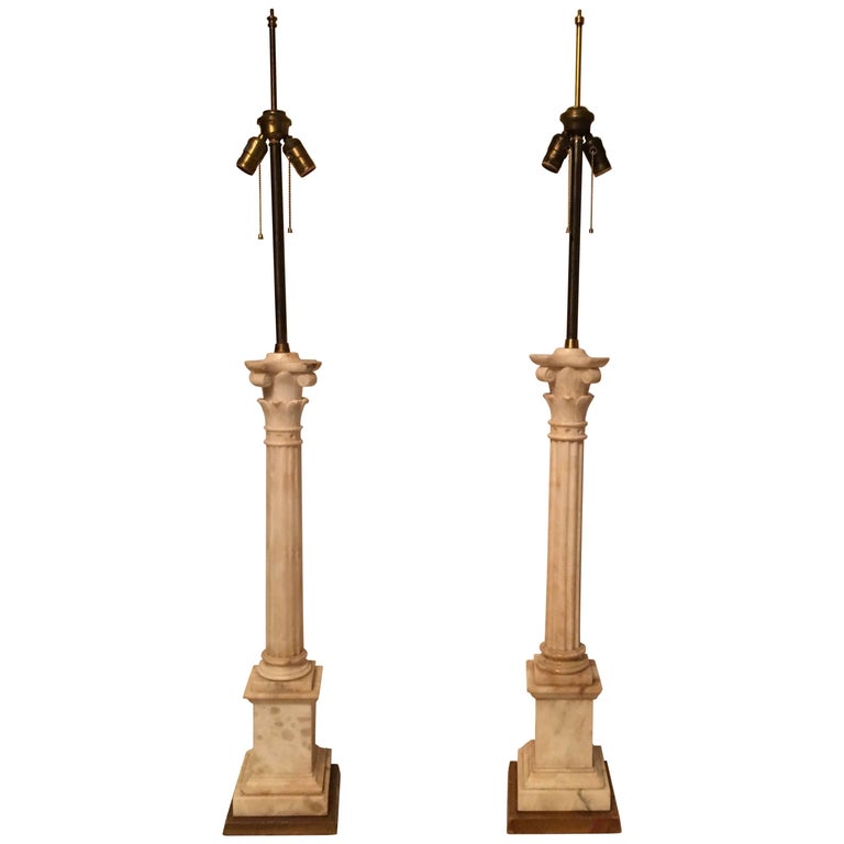 Pair of Marble Column Lamps on Gold Leaf Base at 1stDibs