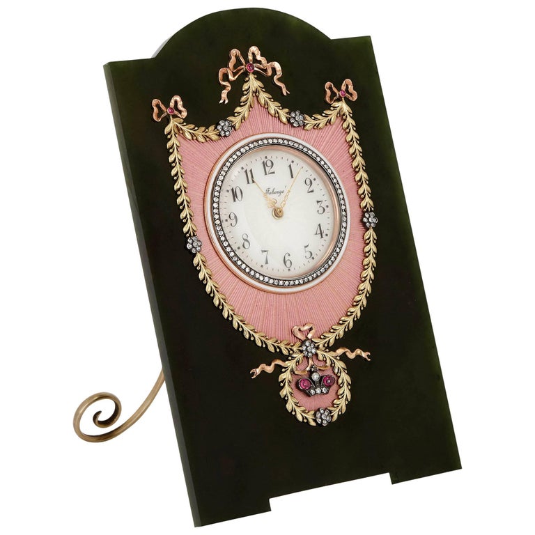 Faberge Style Guilloche Enamel and Gemstone Table Clock at 1stDibs