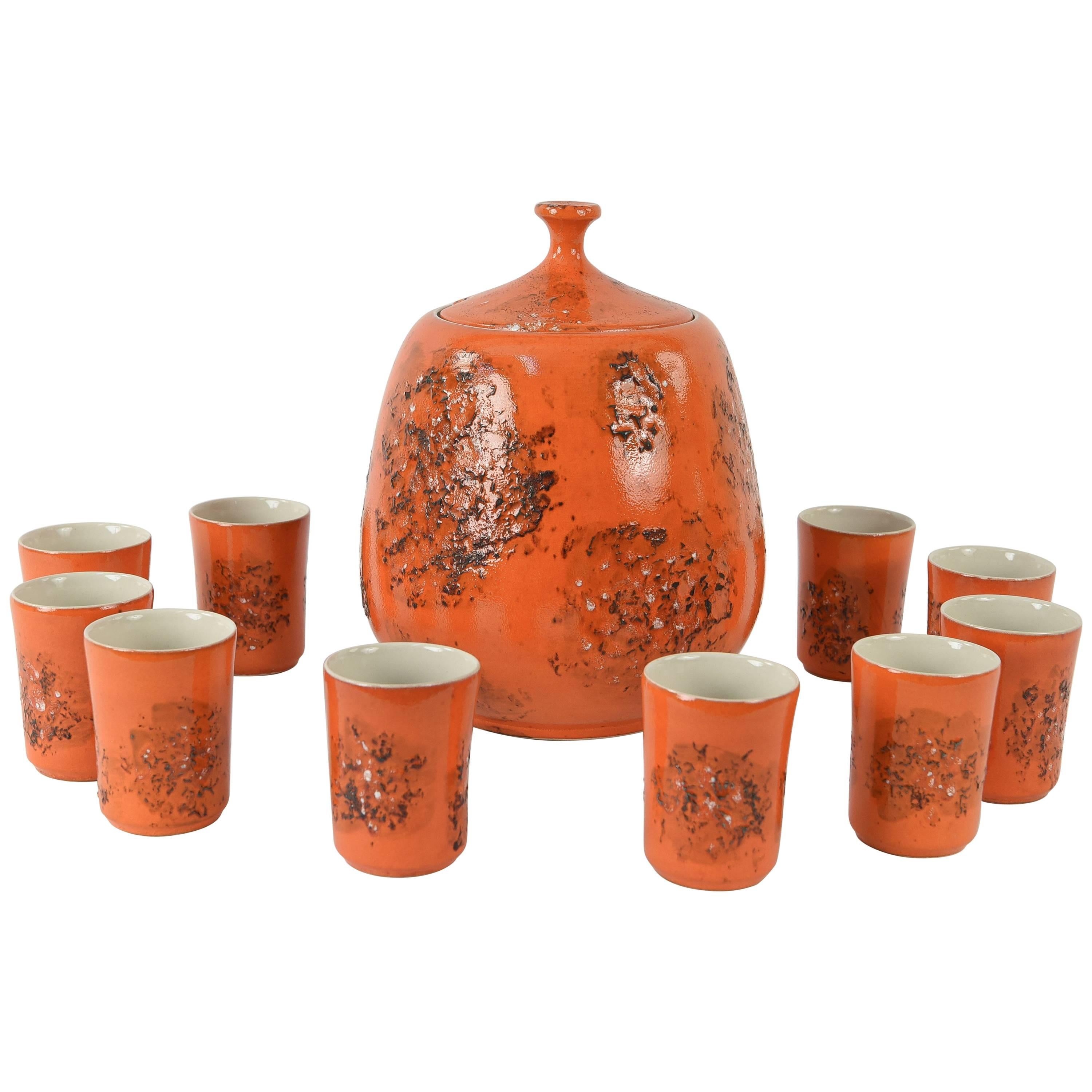Midcentury German Ceramic Punch Bowl and Ten Cups For Sale at 1stDibs