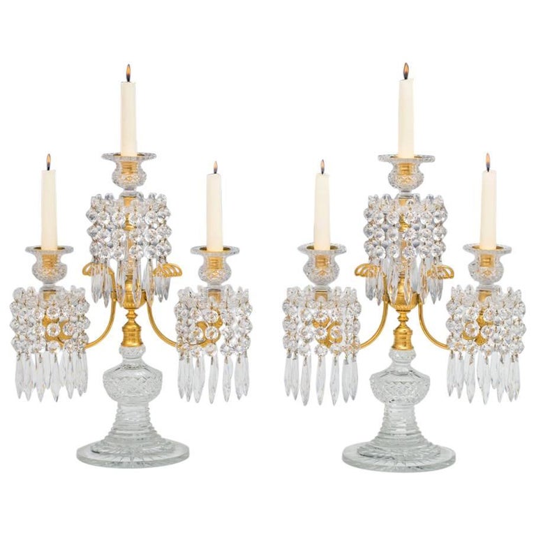 Fine Pair of Regency Period Ormolu Mounted Cut Glass Candelabra at 1stDibs