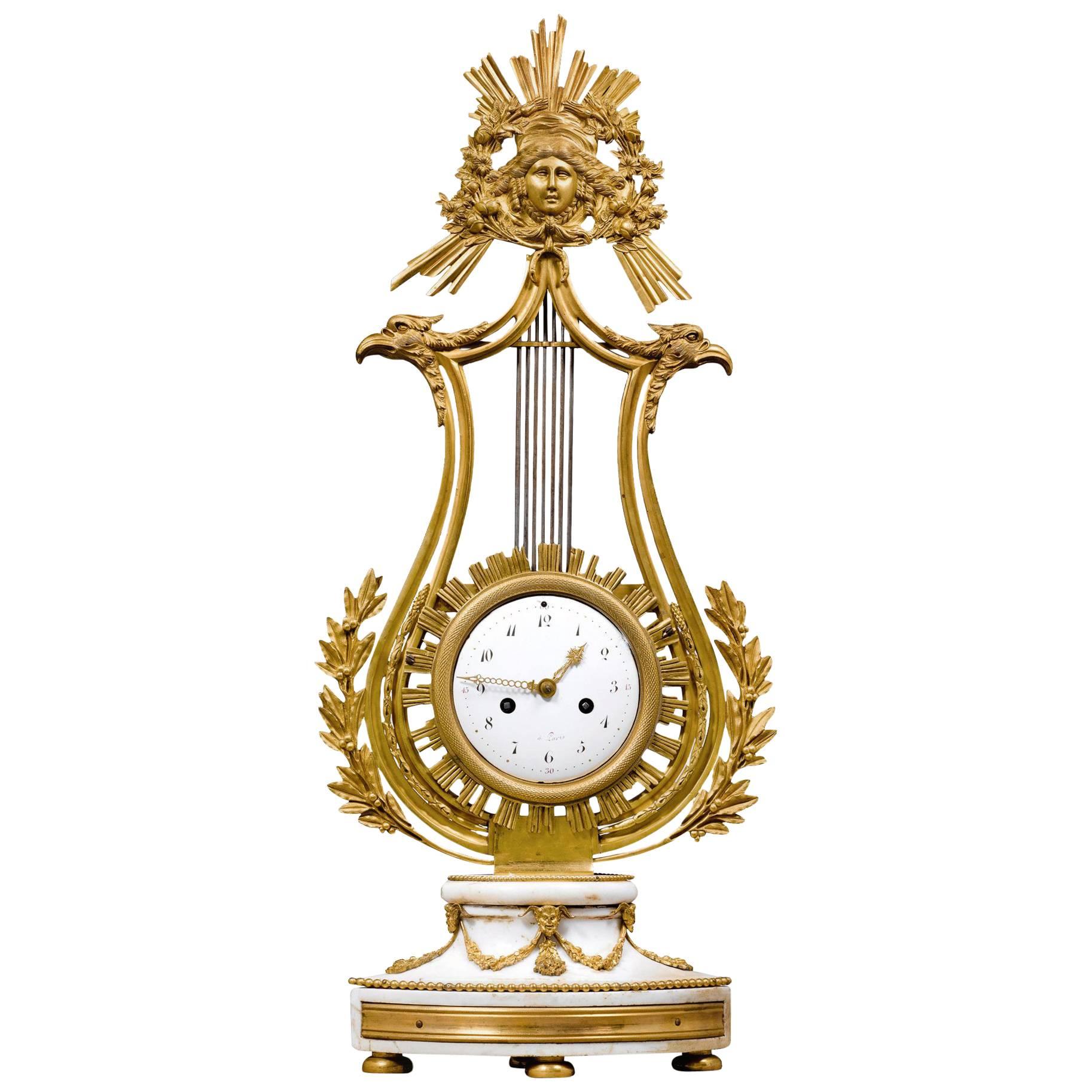 Pink Marble and Ormolu 19th Century French Lyre-Form Clock with Jeweled ...