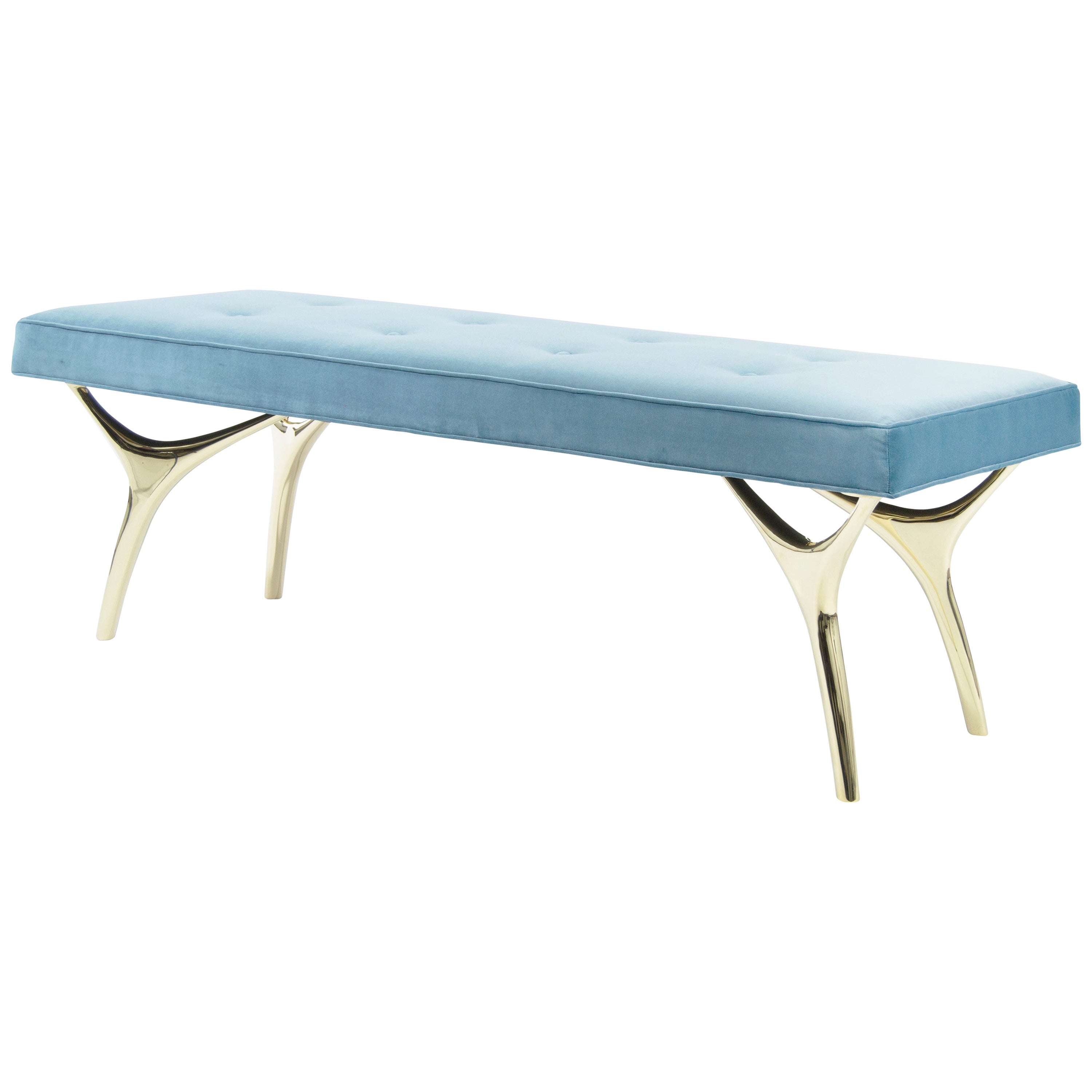 Lucite Brass Rodded Bench in Tufted Rust Orange Velvet at 1stDibs