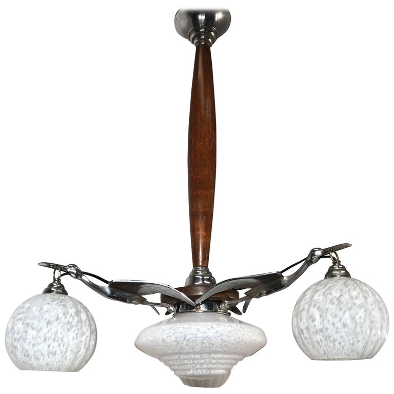 Art Deco Chrome on Bronze Stylized Stork Birds Pendant Light with Glass ...