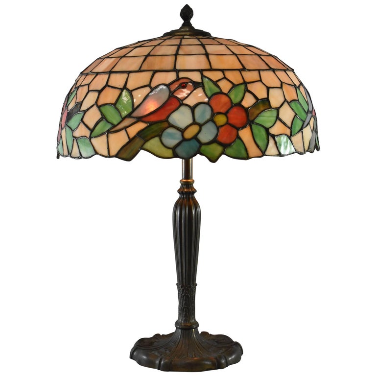 Signed Miller Lamp Company Bent Panel Leaded Glass Lamp with Bird and ...