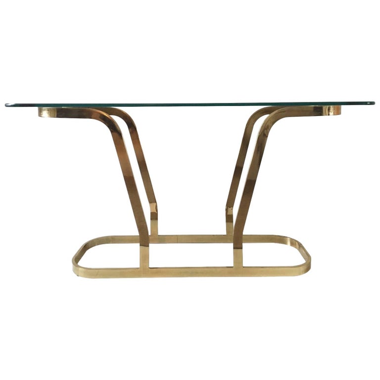 Hollywood Regency Brass and Glass Oval Modern Console or Entry Table ...