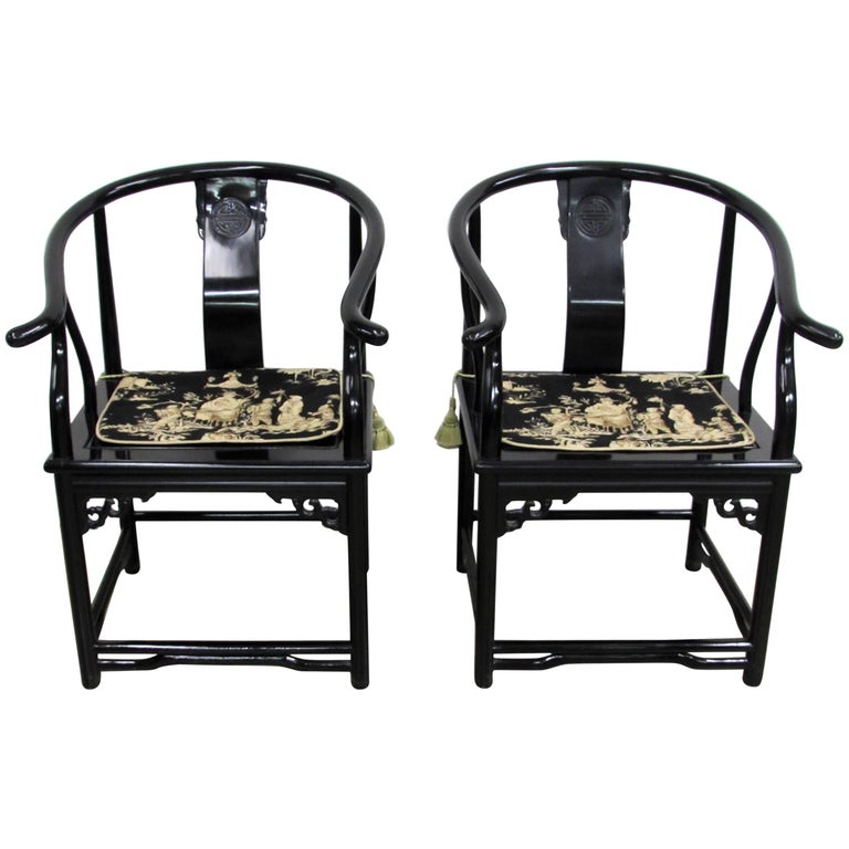 Black Lacquer Asian Horseshoe Arm Chairs, Pair For Sale at 1stDibs