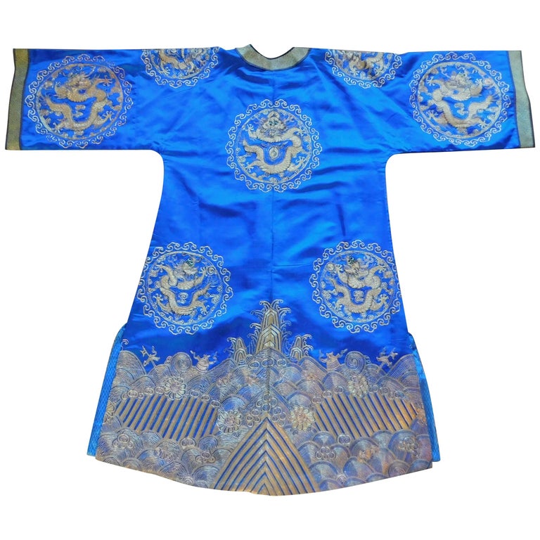 Chinese Blue Silk Gold, Copper and Bronze Embroidered Mandarin Dragon ...