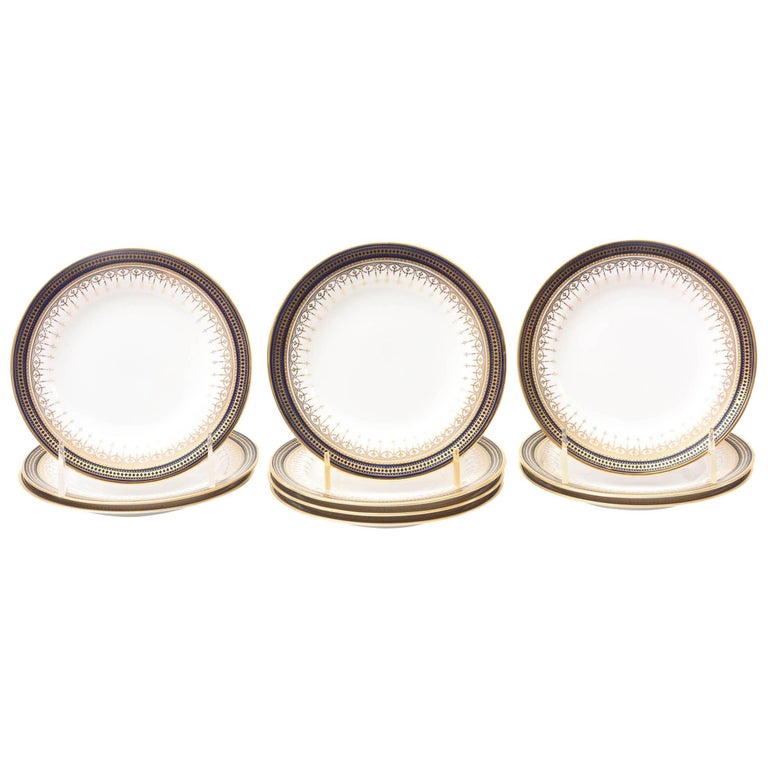 Set of Ten Bread or Side Plates, Cobalt with Raised Gilt Beading ...