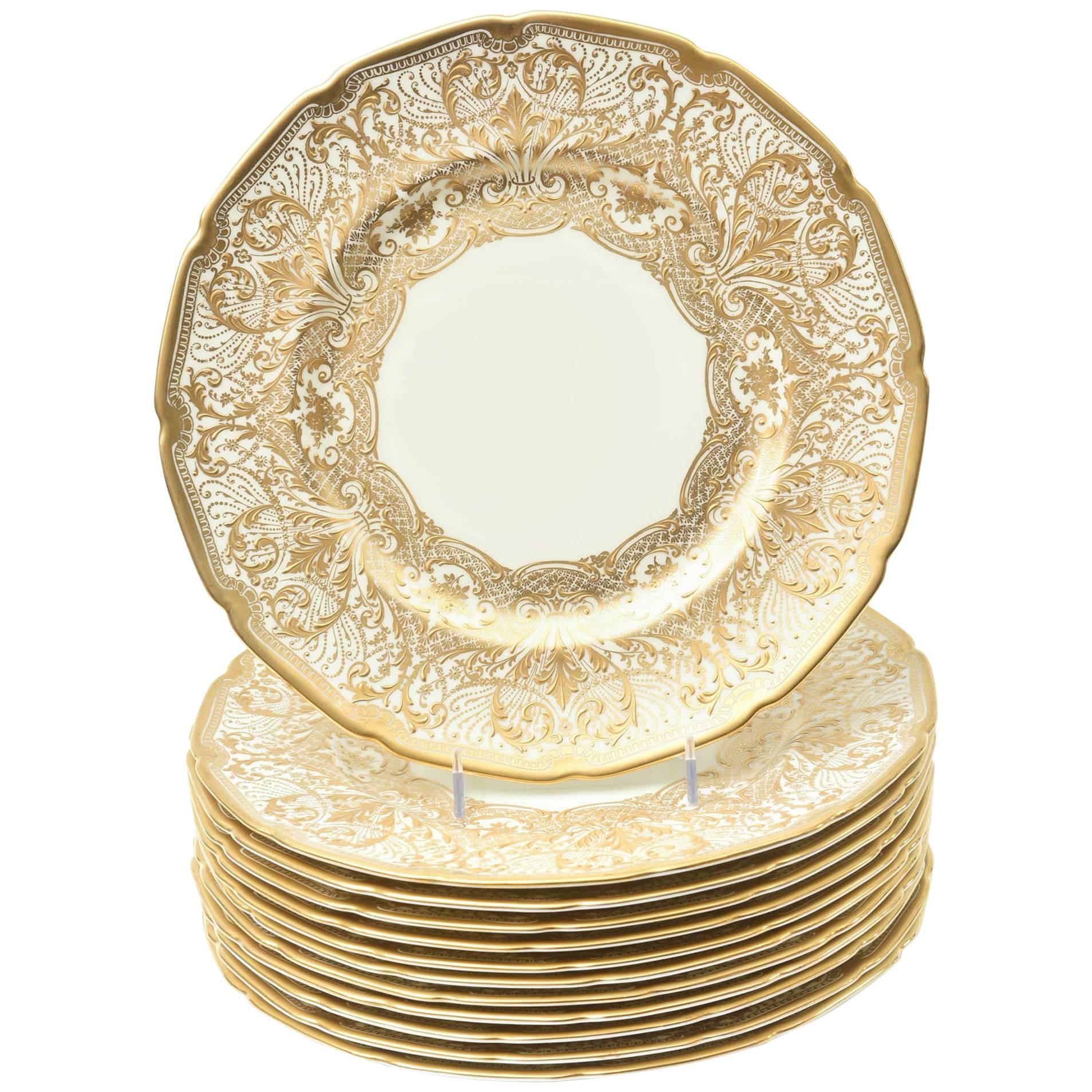 12 Elegant and Elaborate Heavy Gilt Encrusted Dinner or Presentation ...