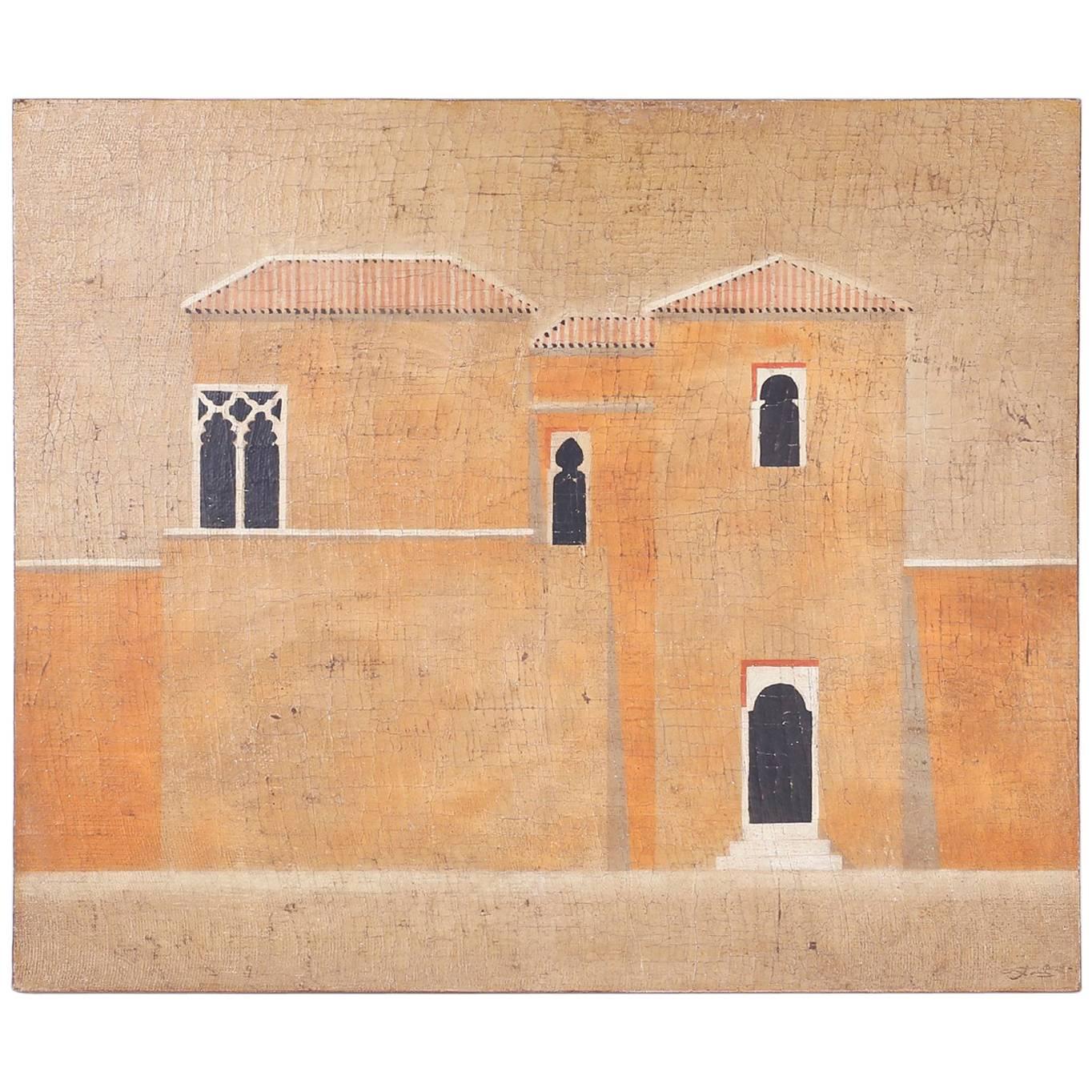 Architectural Oil Painting on Burlap at 1stDibs