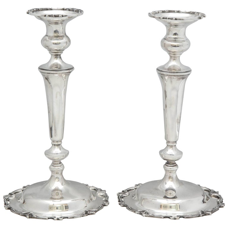 Pair of Tall Edwardian Style Sterling Silver Candlesticks at 1stDibs
