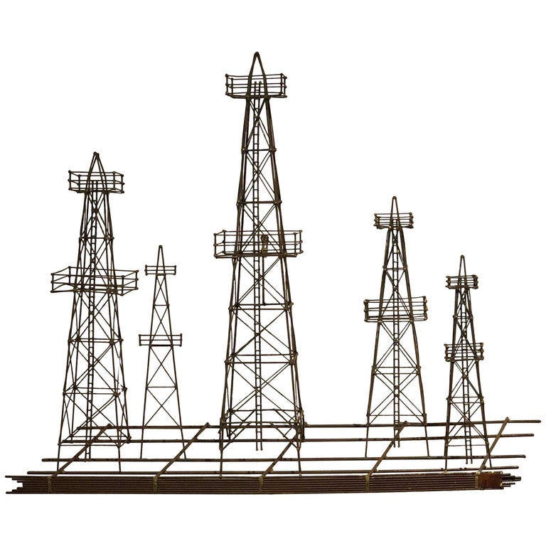 Unique 3D Oil Towers Metal Wall Sculpture, circa 1970s at 1stDibs