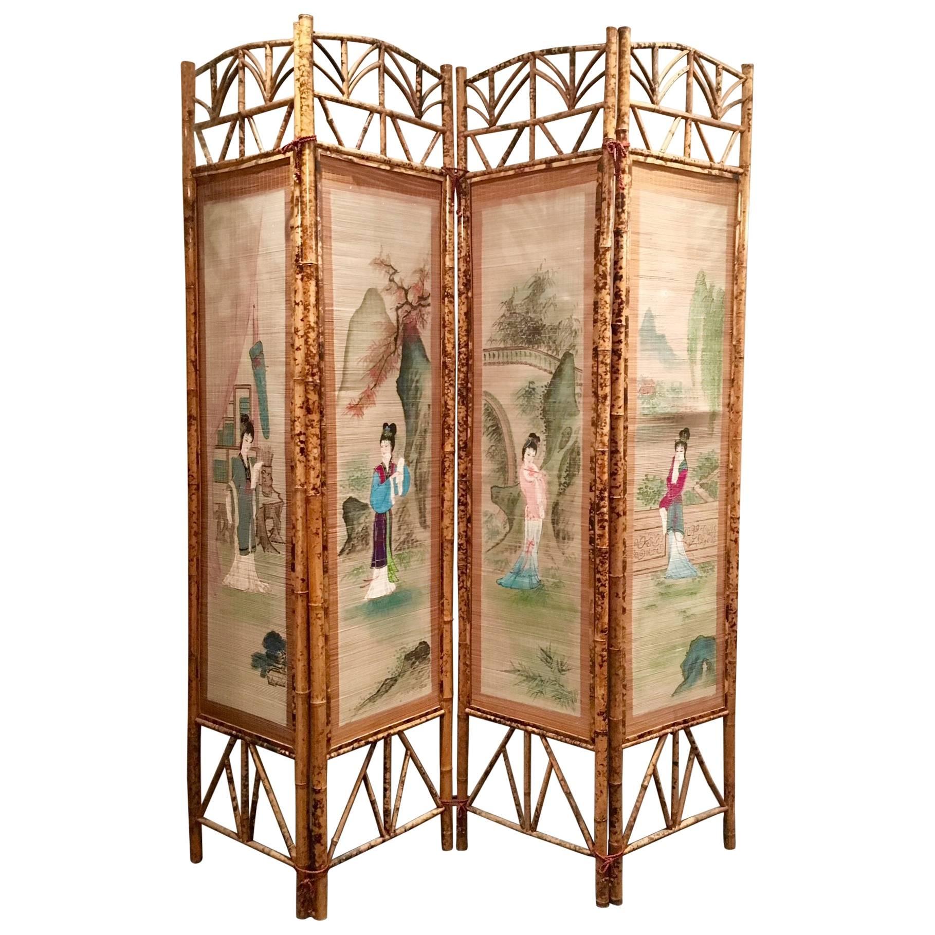 1970s Bamboo and Rattan Chamber Screen Decorated with Japanese ...