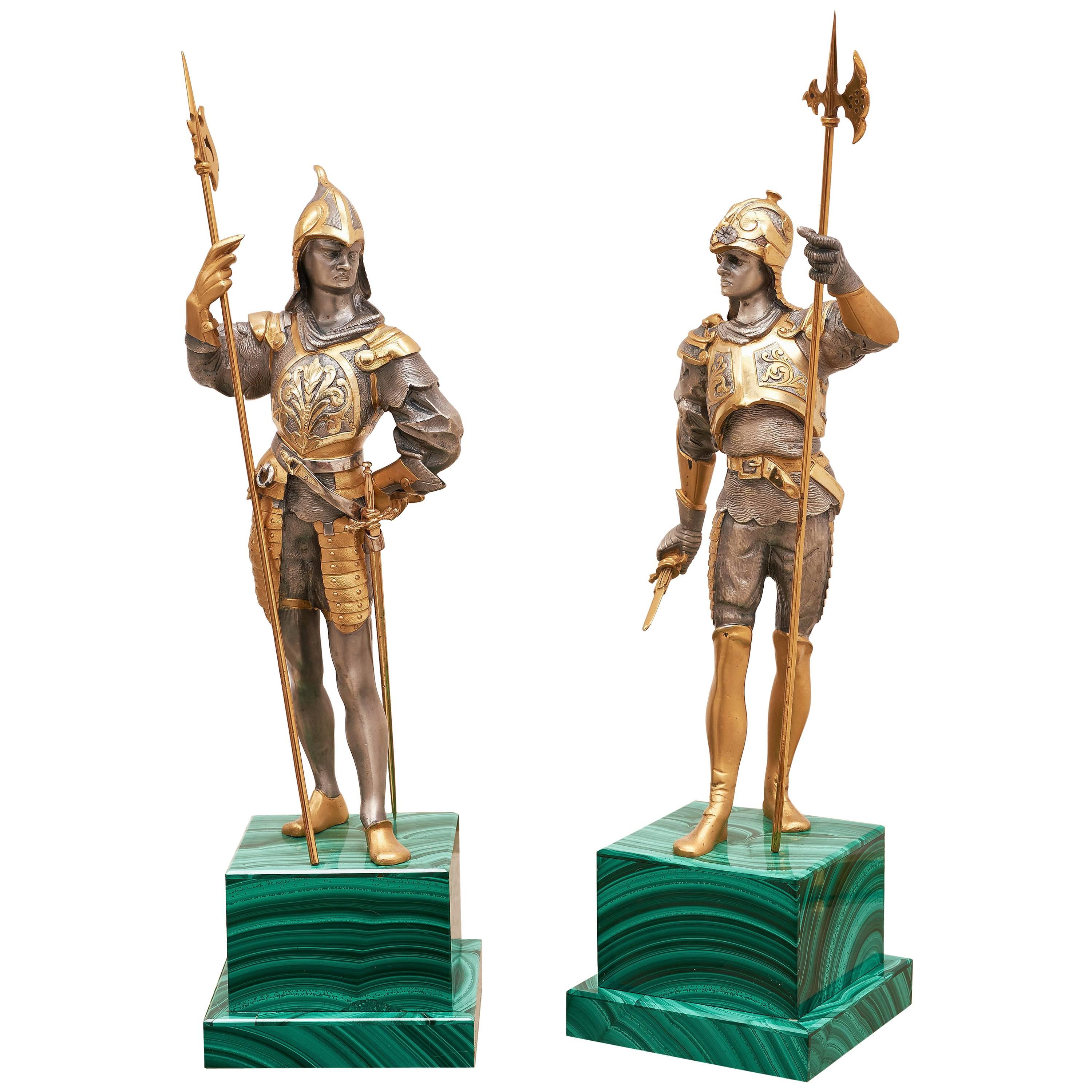 Pair of Silvered and Gold Bronze Medieval Soldier Statues on Malachite ...